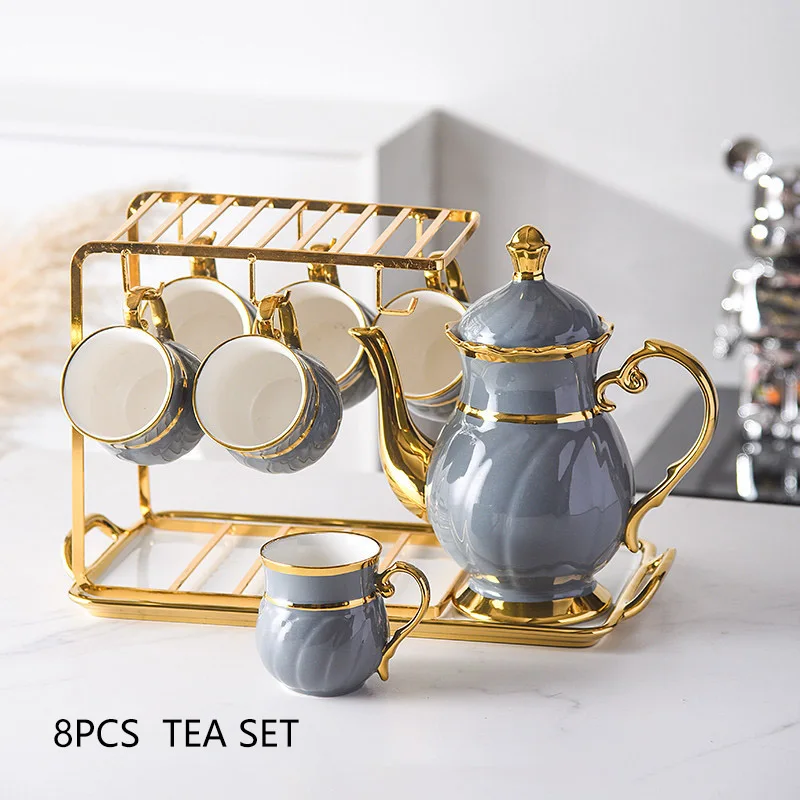 Luxury Tea Set Ceramic 8PCS - Golden Tea Pot & Porcelain Cups