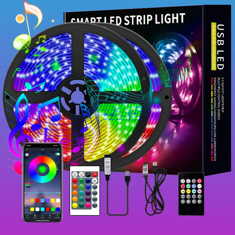 5v Led Strip Set 5050rgb Waterproof Colorful Usb 24 Key Music Bluetooth ...