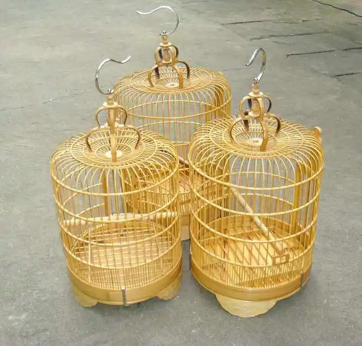 Antique Round Bird Cage Wooden Bamboo Bird Cage Carrying Handle Bamboo ...