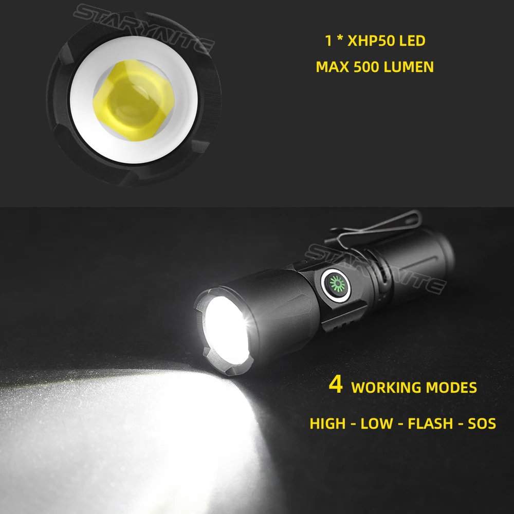 STARYNITE 16340 Flashlight - 500 Lumen Rechargeable LED
