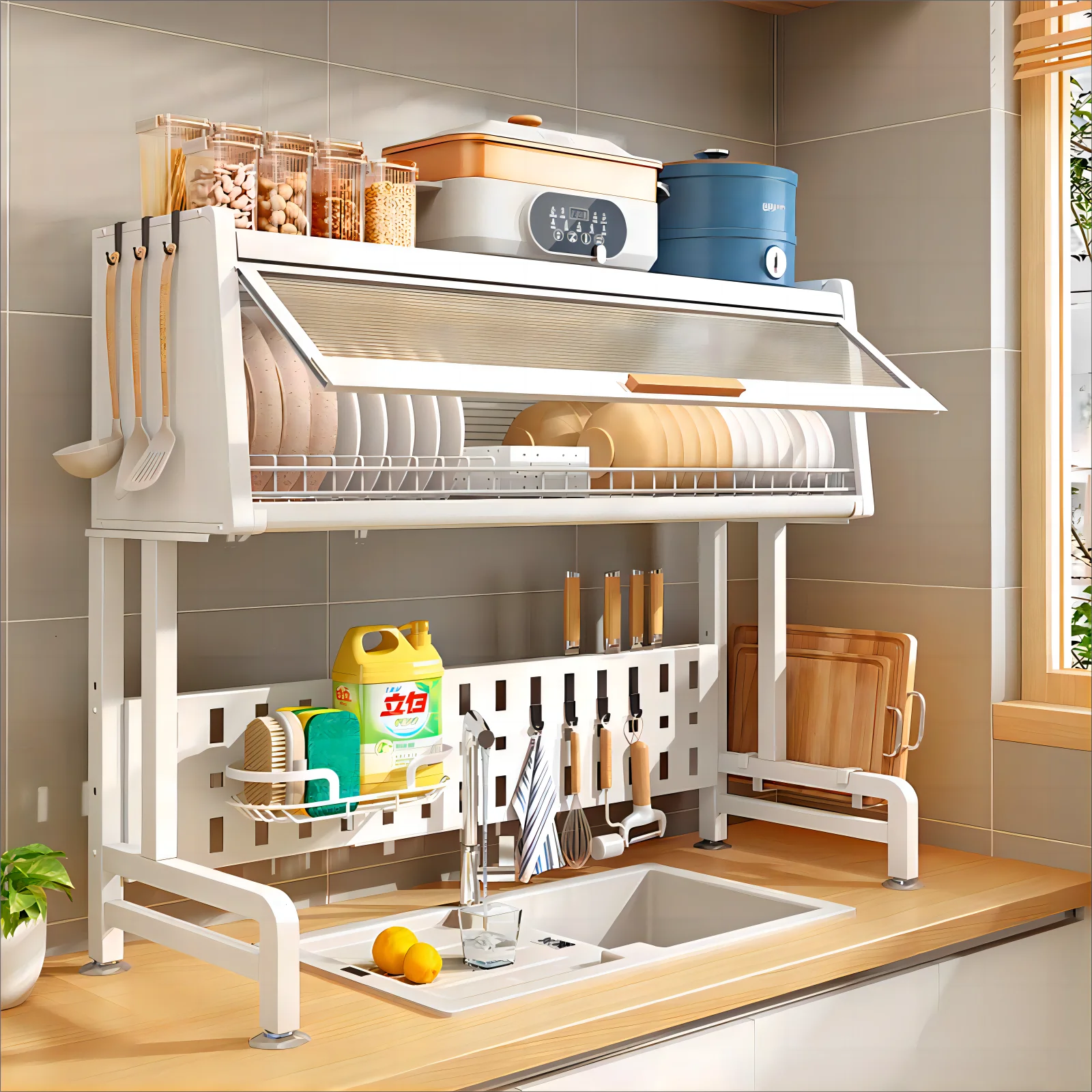 Large Capacity Kitchen Drying Rack With Door Household Bowl Knife ...