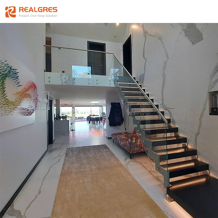 Realgres Modern Straight Stairs Glass Railing Wooden Step Straight Mono Stringer Staircase ...