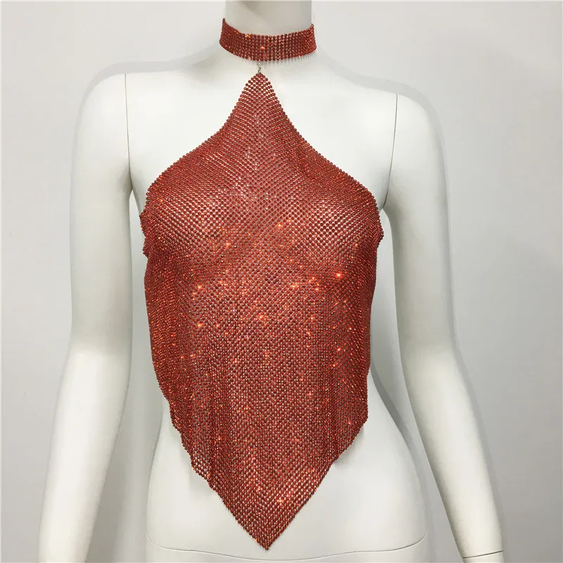 Women’s Sexy Mesh Diamond Backless Crop Top for Summer Party