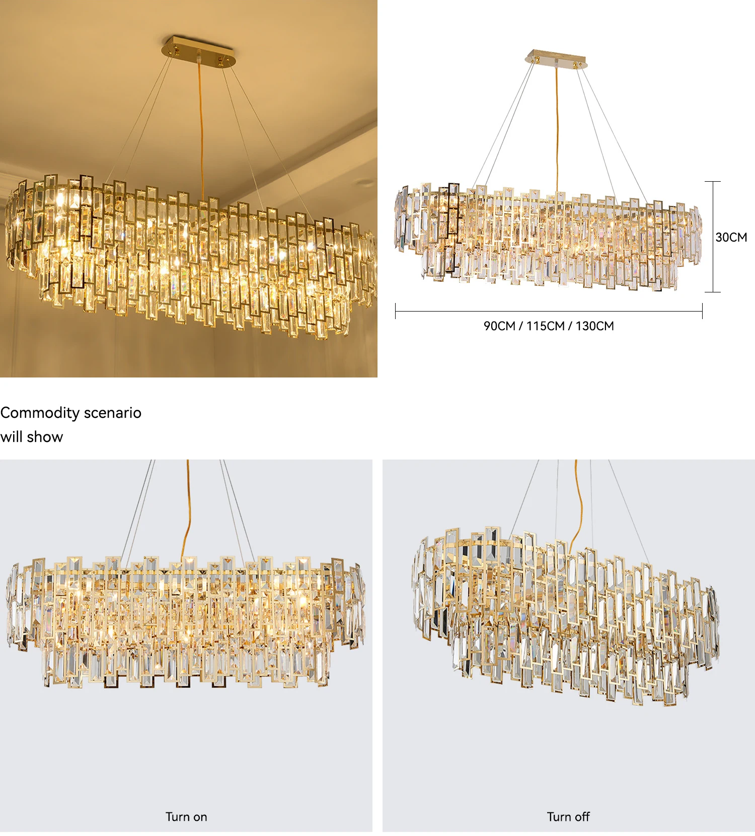 Rectangle Luxury Chandelier - Gold Steel Crystal Decor