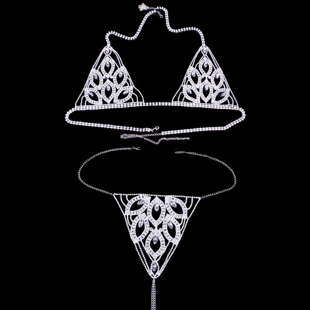 Sexy Fun Nightclub Beach Bikini Rhinestone Crystal Underwear Set Thong