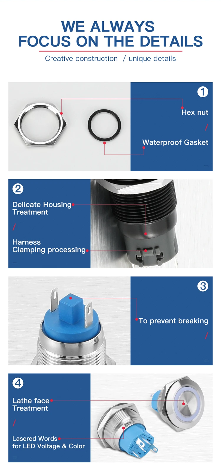 22mm Latching Switch1no1nc Ring Led 5pin Illuminated Ip67 Momentary ...