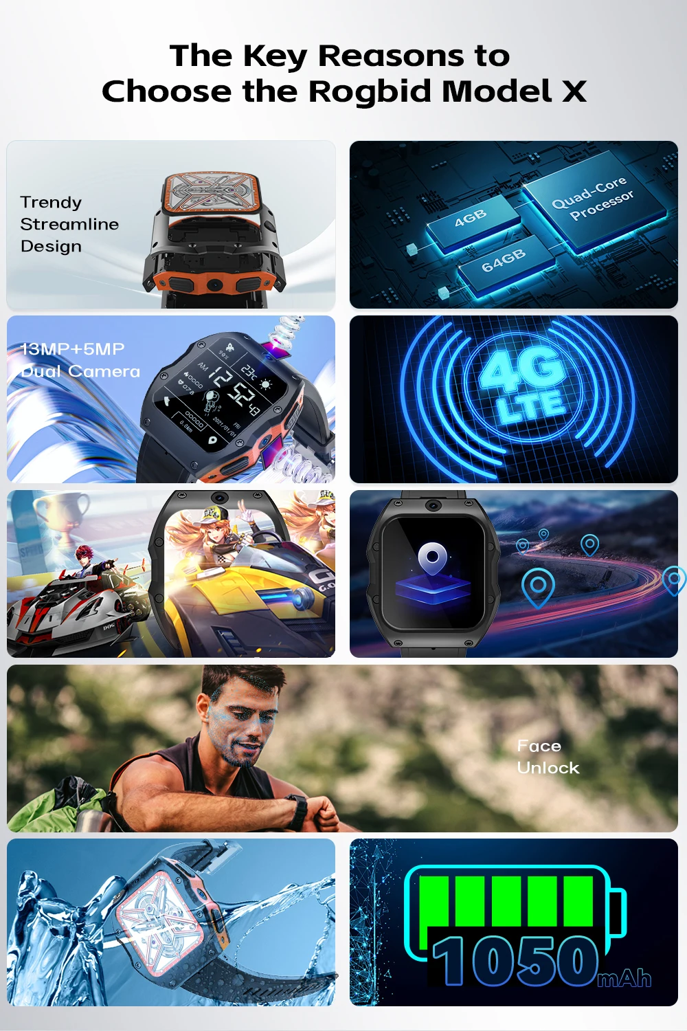 Rogbid Model X Smart Watch - IP68 Waterproof 4G Android