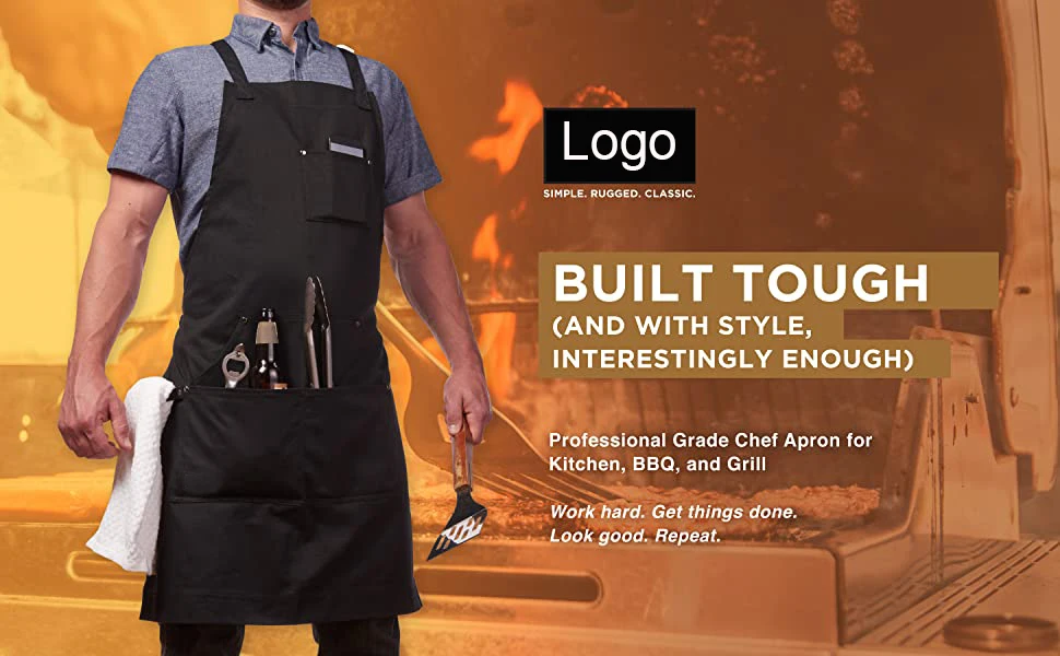 Professional BBQ Cotton Black Chef Apron with Towel Loop