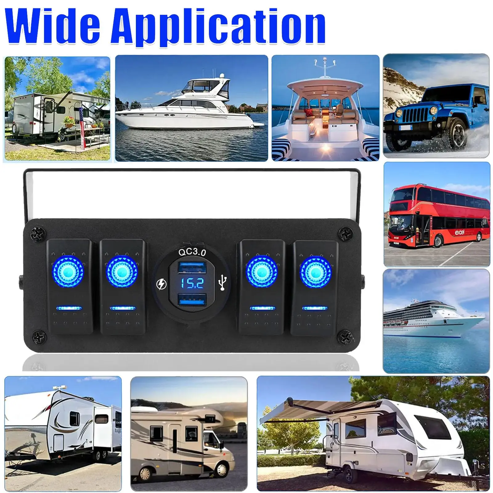 6 Gang Rocker Switch Box 12v Spst On Off Switch Qc 3.0 Usb Charger ...