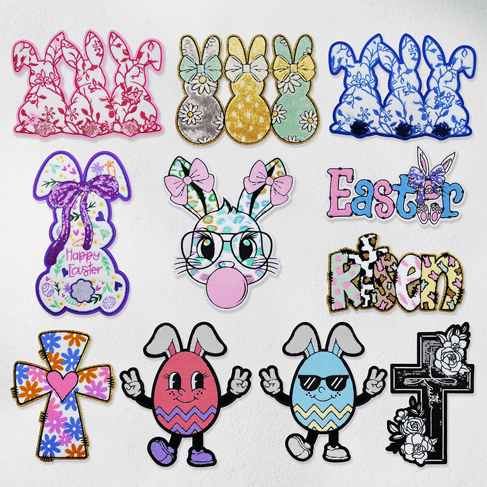 2025 New Design Iron on Large Easter Sequin Patches Embroidery Happy Easter Patches Rabbit ...