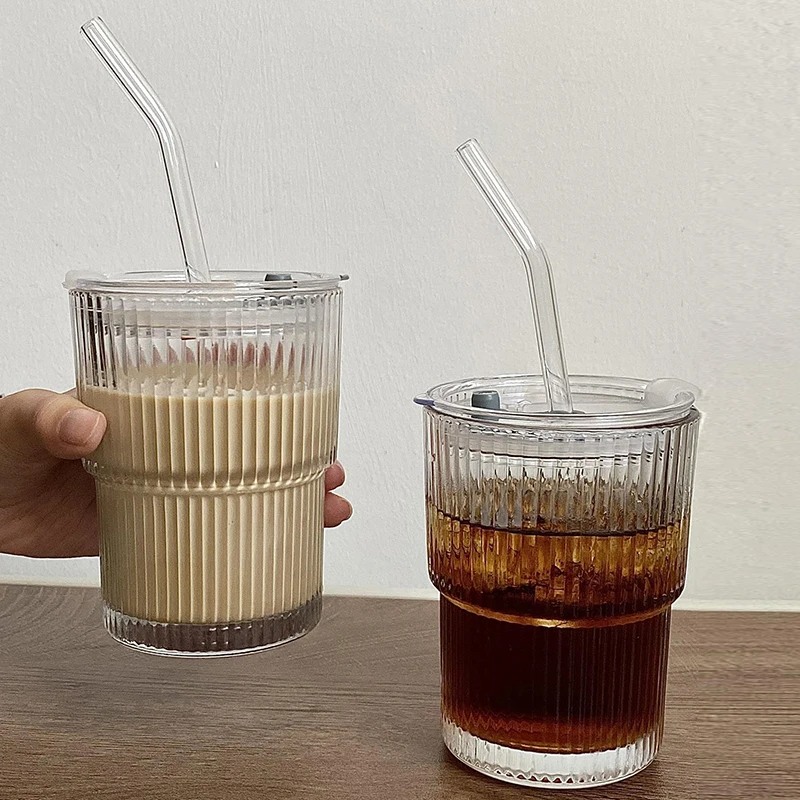450ml Simple Stripe Coffee Glass Cup With Lid And Straw Transparent ...