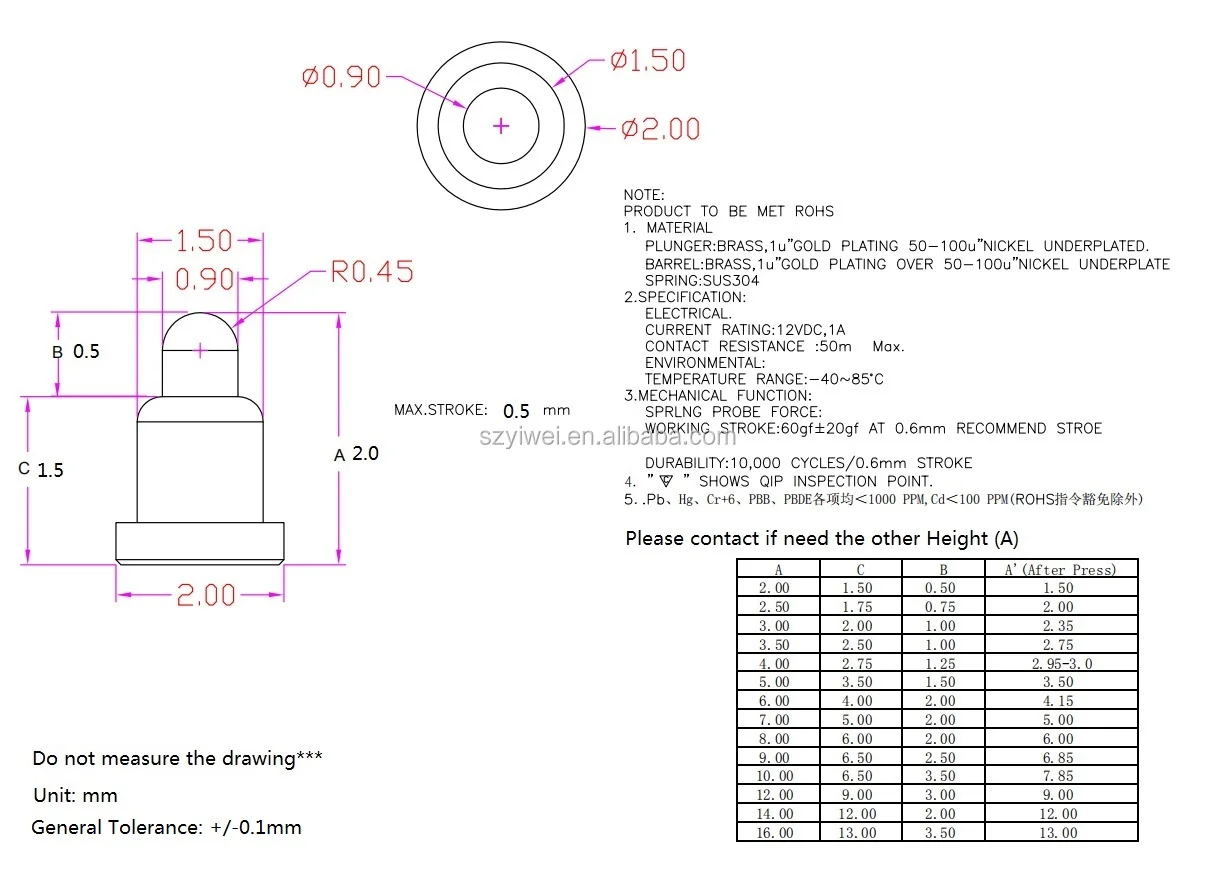 Spring Loaded Connector 2.0 Mm Height Smd Pcb Straight Flange 2.0mm ...
