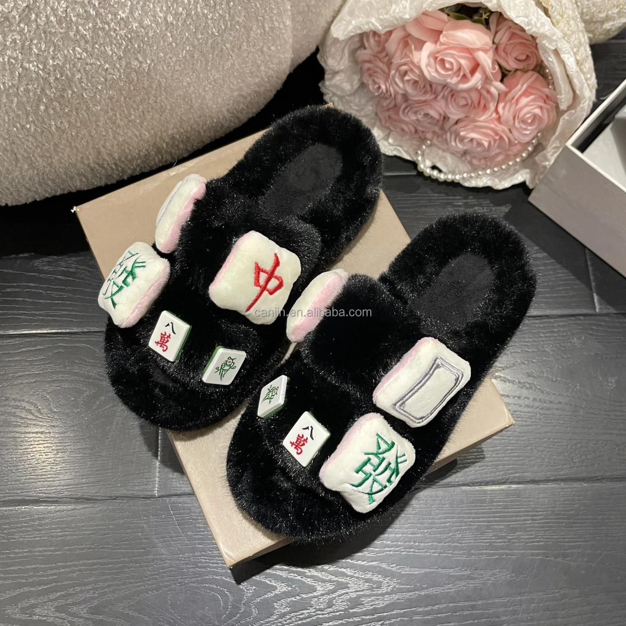 Latest New Models Wholesale Plush Indoor Slipper Chinese Mahjong Design ...