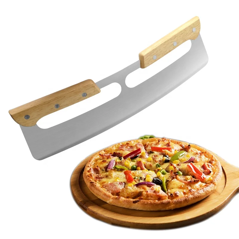 Big Pizza Knife Pizza Cutter Rocker With Wooden Handles & Protective ...