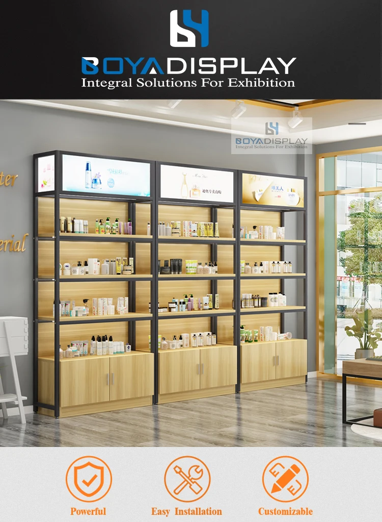 Wood Floor Skincare Shelves - Elegant Cosmetic Display Racks