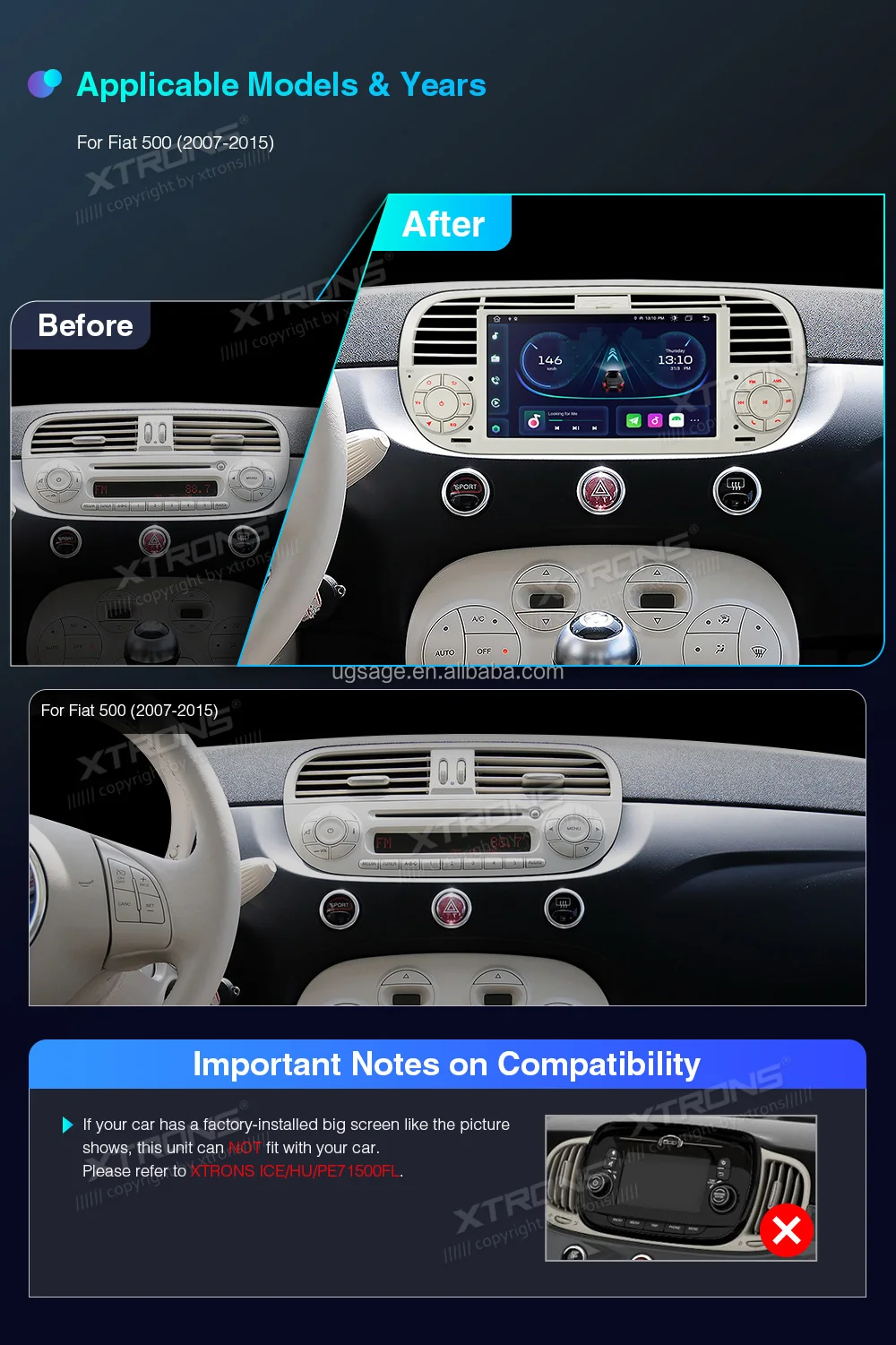 XTRONS 7 Inch Touch Screen for Fiat 500 with Android Auto