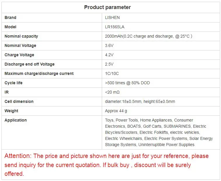 Lishen 18650 Lr1865la 3.7v 2000mah 10c Discharge Grade A+ Ncm Battery ...