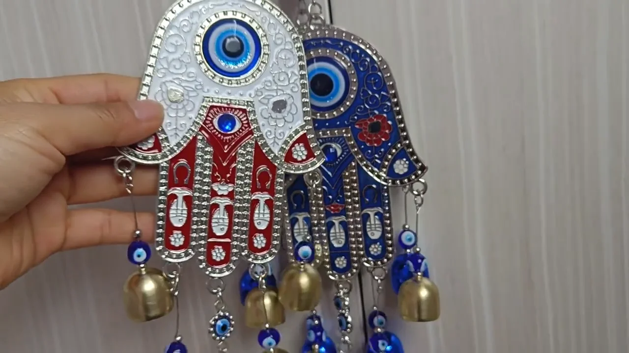 Turkish Nazar Blue Hamsa Hand Wall Art Metal Evil Eye Glass Protection ...