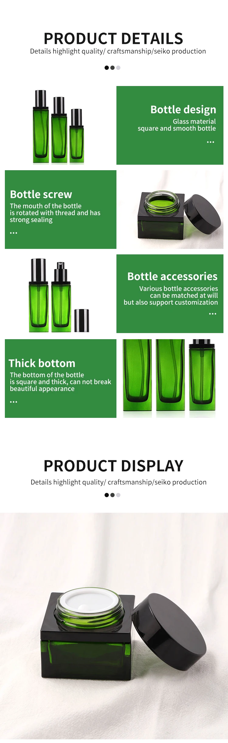 Dark Green Cosmetic Skincare Glass Packaging Set Face Cream Jar ...