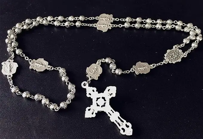 Silver Rose Beads Catholic Rosary case Cross Gift Box Crucifix Cross ...