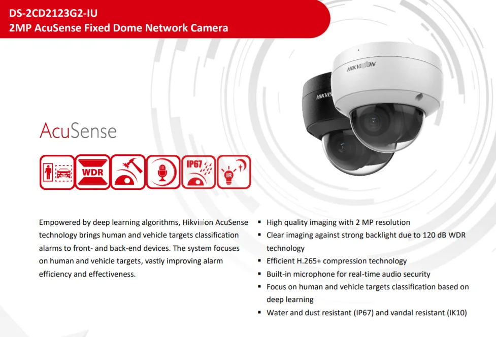 Hik Ds-2cd2123g2-is Original Genuine Hik 2mp Acusense Fixed Dome ...