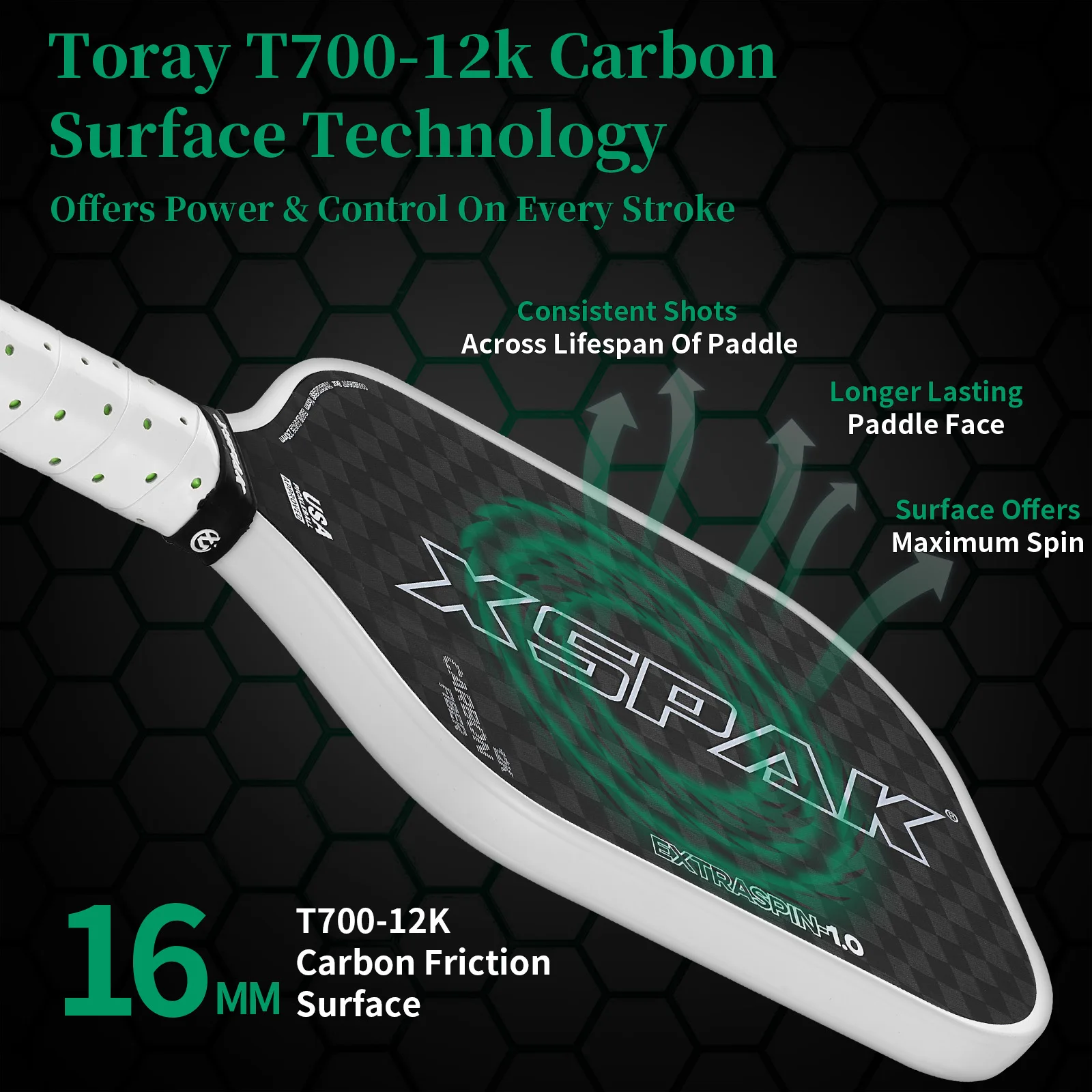 XSPAK EXTRASPIN1.0 - Toray T700 Carbon Fiber Pickleball Paddle