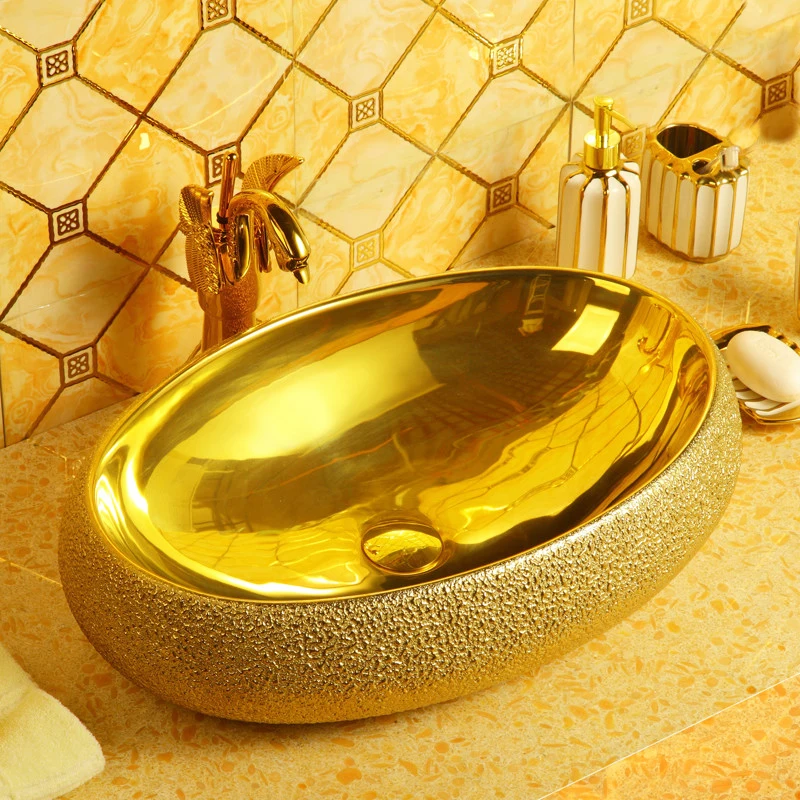 Luxury Ceramic Wash Basin Oval Golden Electroplated Sink Art Basin Gold ...
