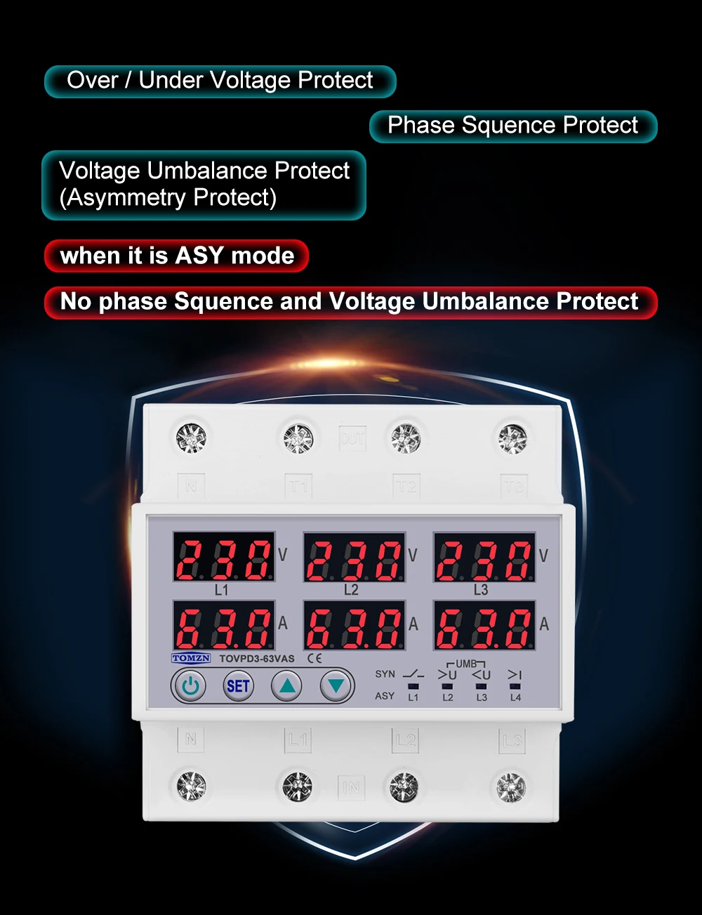 3 Phase 63A Din Rail Adjustable over under Voltage Protection Relay