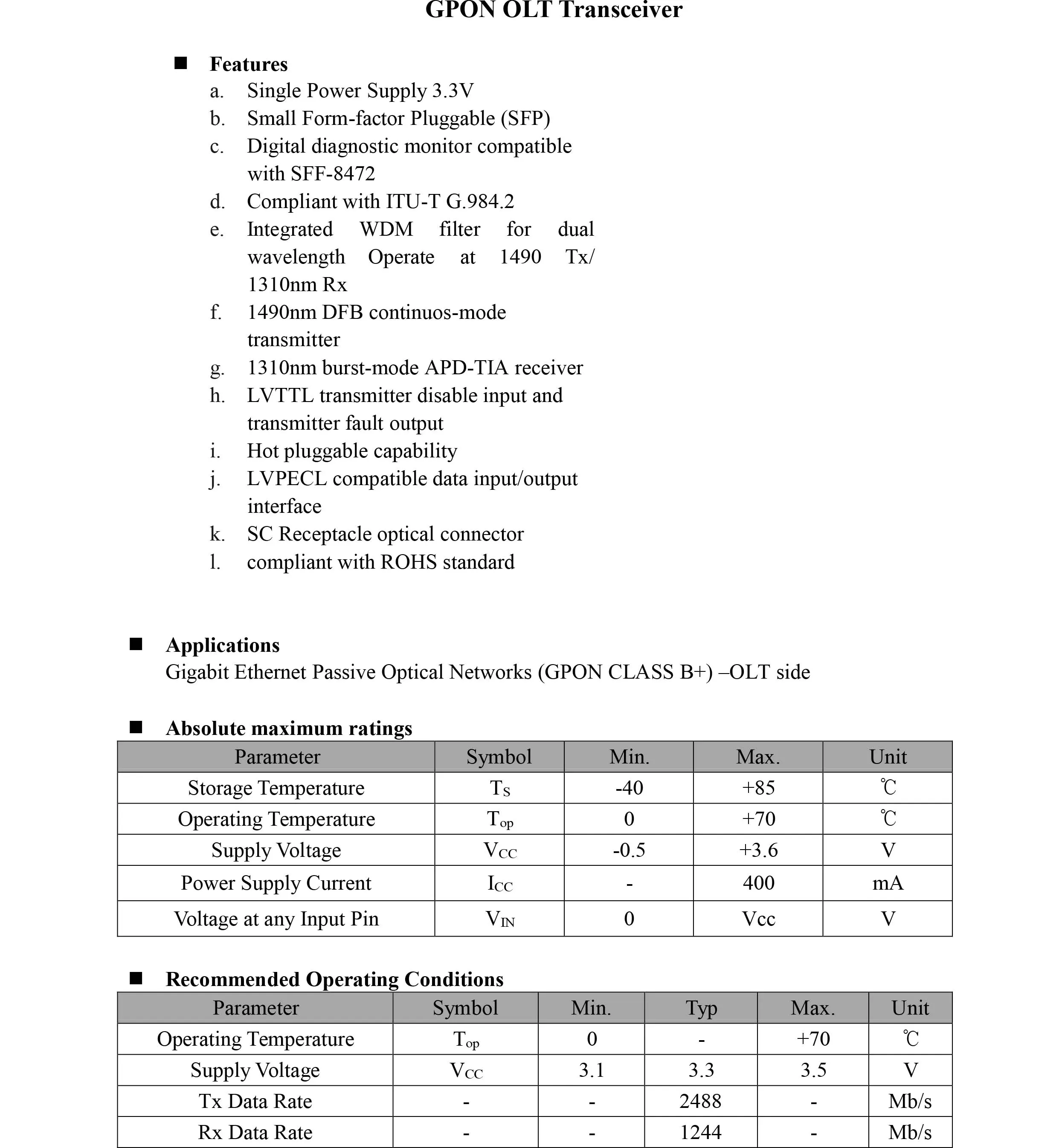 GPON OLT PON SFP Module B+/C+/C++/C+++ 2.5gbps/1.25gbps