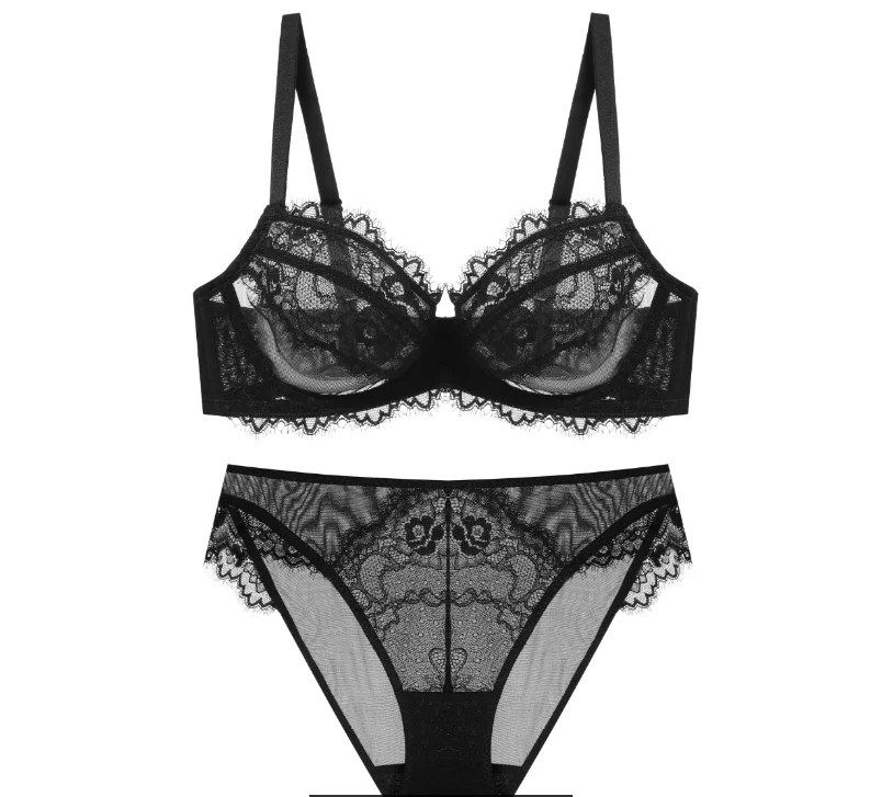 Lovely Girls Sexy Eyelash Lace Bra Panty Set Cute Transparent Wire Bra ...