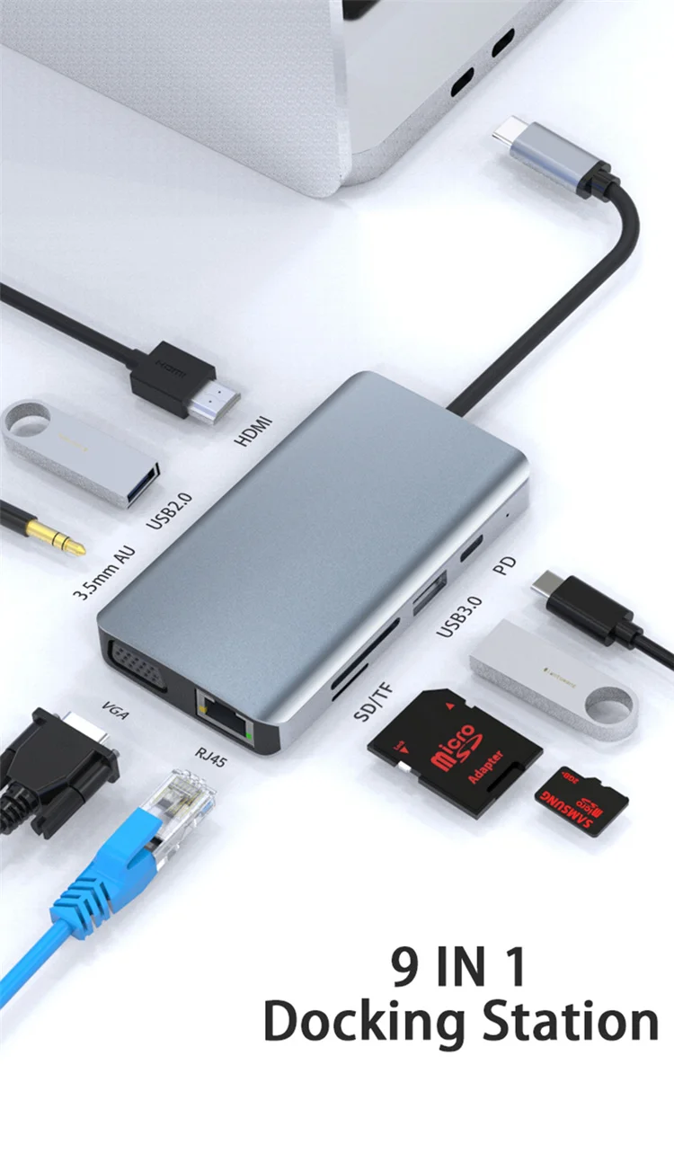 9-in-1 Docking Station 4k Hdtv Vga Audio Type C Usb Hub Splitter 3 0 2. ...