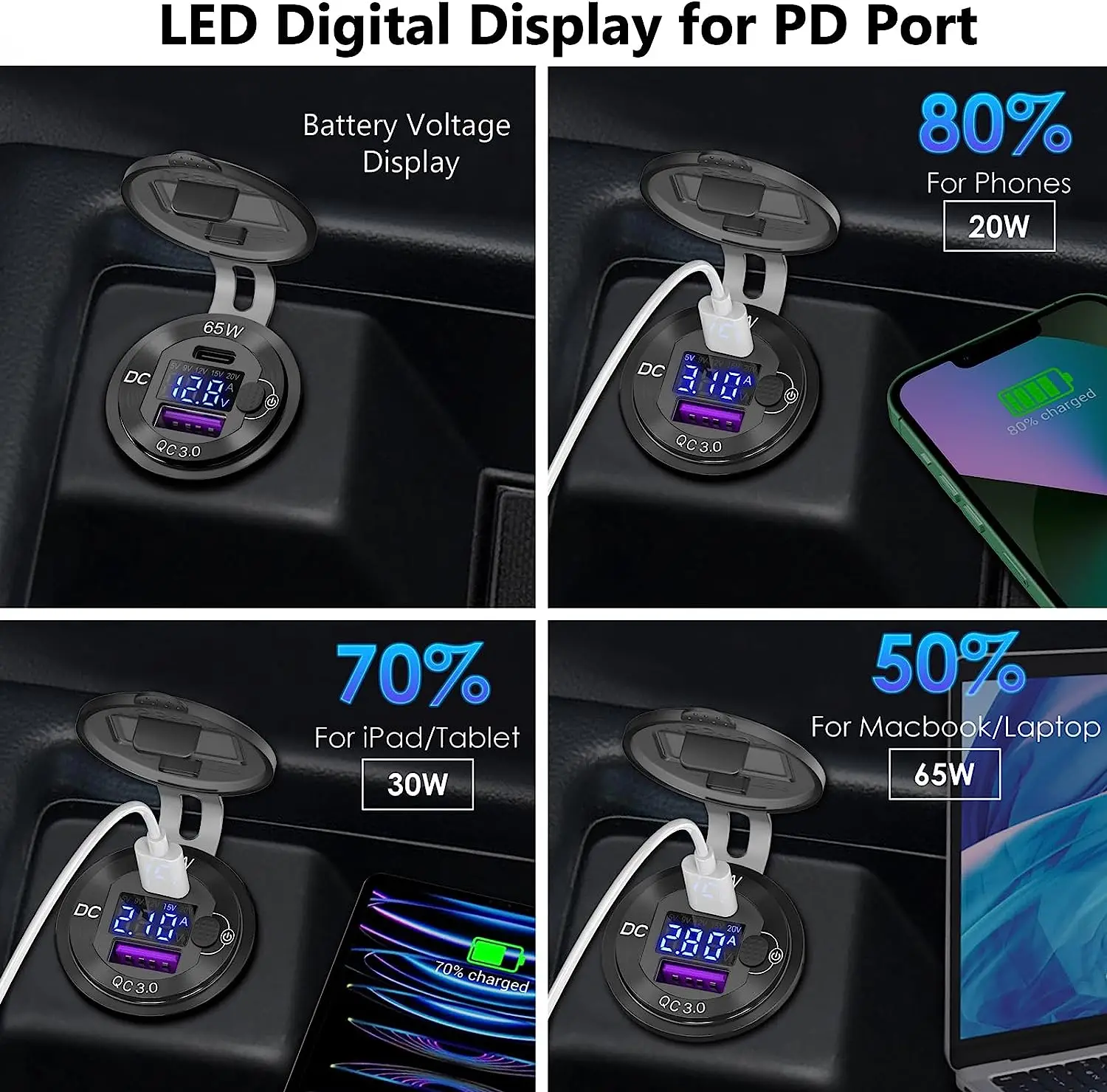 Car Socket 65W Type-C and QC3.0 Port Quick Charge Universal