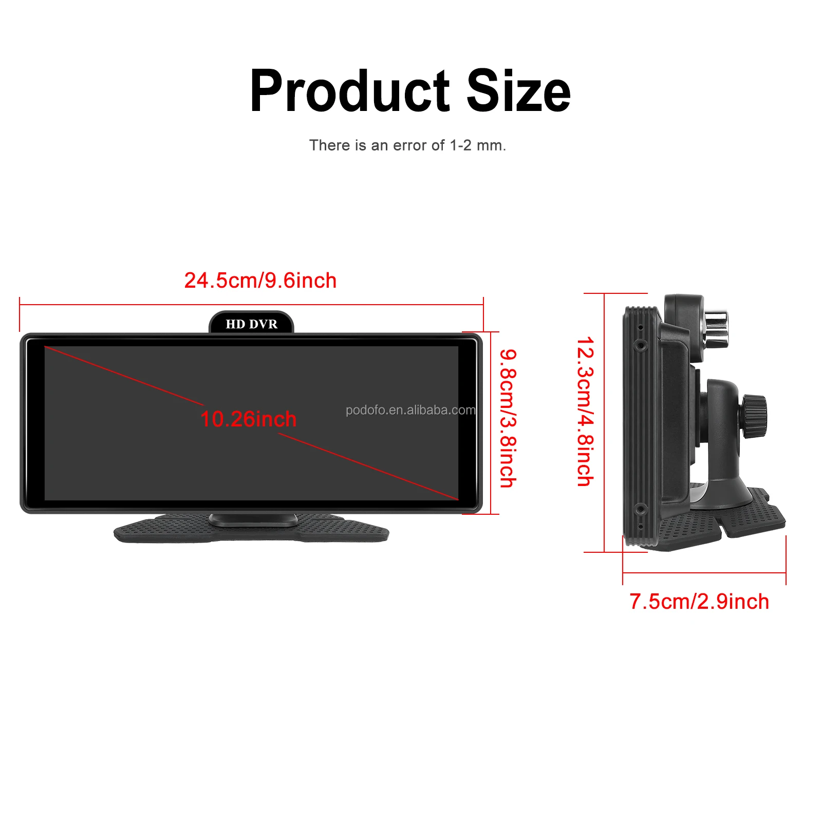 Podofo 10.26'' Portable Carplay with ADAS Dashcam - Smart & Safe