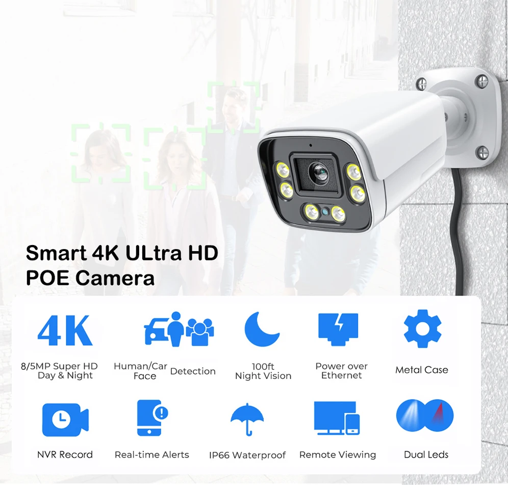 AI 4K POE IP Camera 8MP Face Recognition Full Color H.265