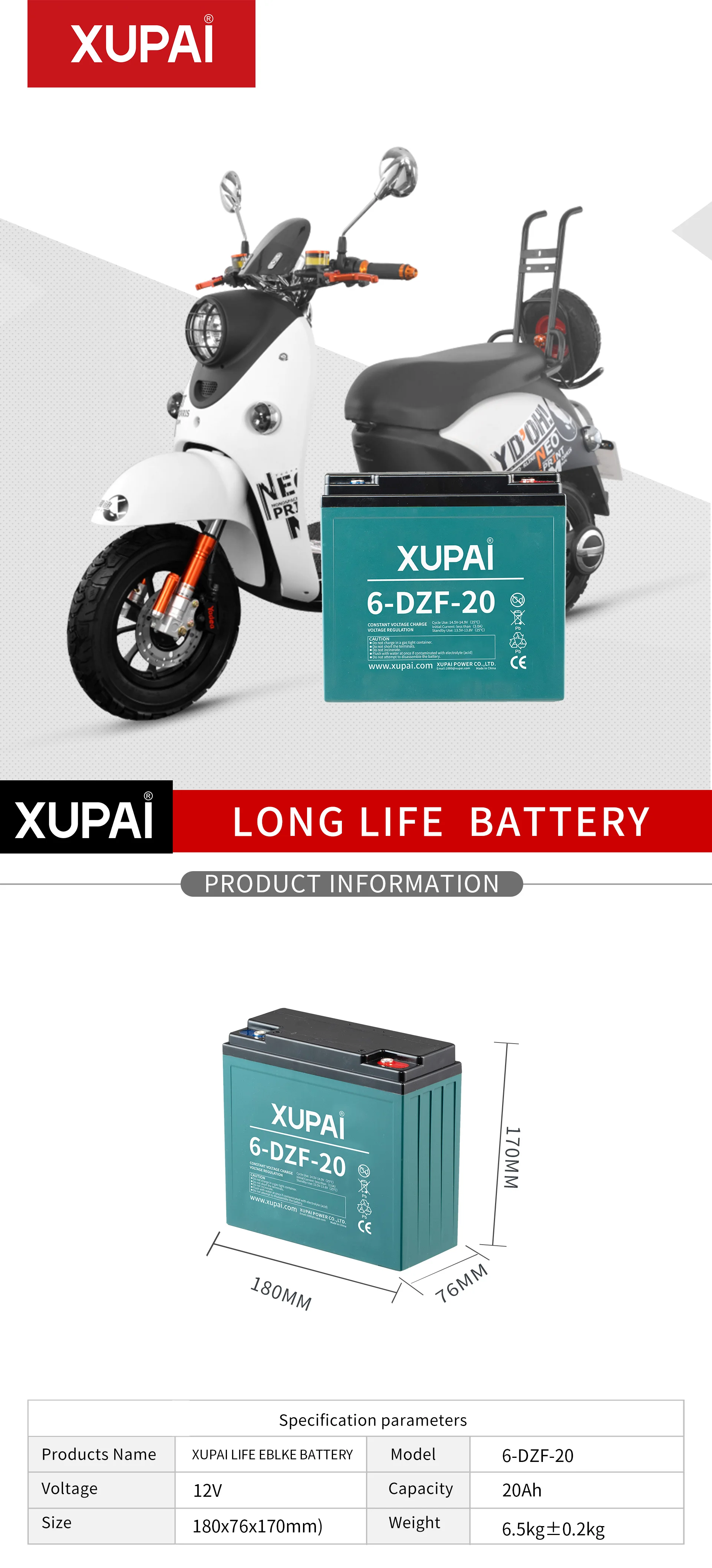 XUPAI 6-DZM-20 Electric Bicycle Battery - 20ah Capacity