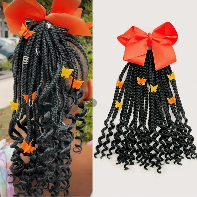 Kids Braided Ponytail with Beads and Ribbons - Curly End