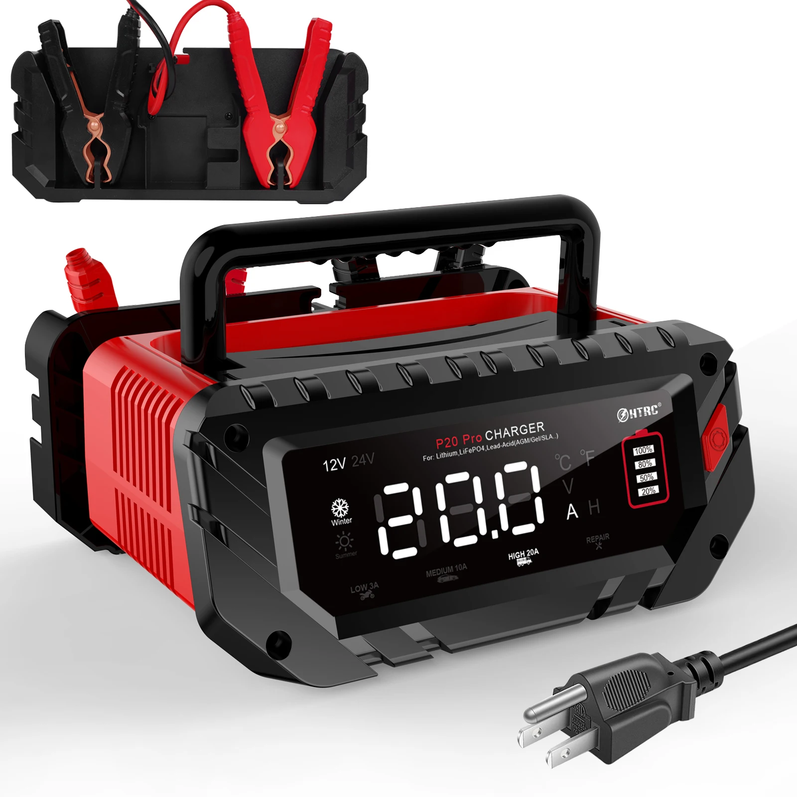 HTRC20 Fully-Automatic 20 Amp Smart Electric Car Battery Charger 12V ...
