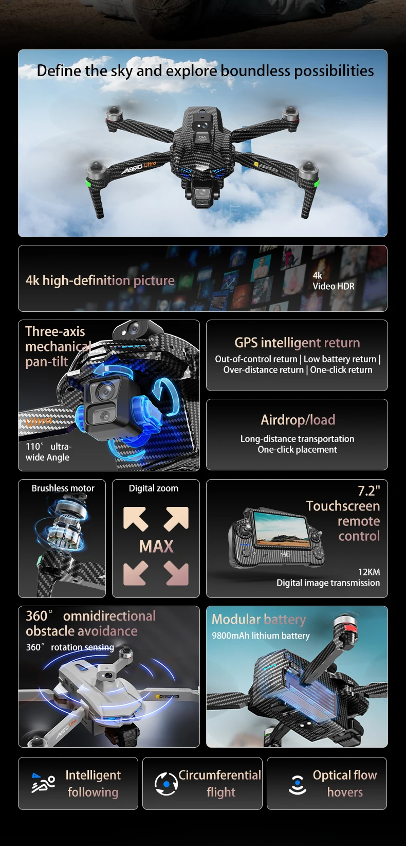 AE60 One-click Take off and Landing Intelligent Follow Trajectory ...