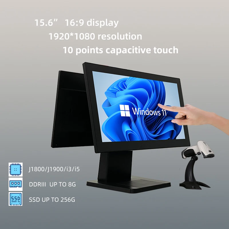 JESEN Desktop Pos Terminal Windows Pos Machine 15.6 Inch Dual Screen ...