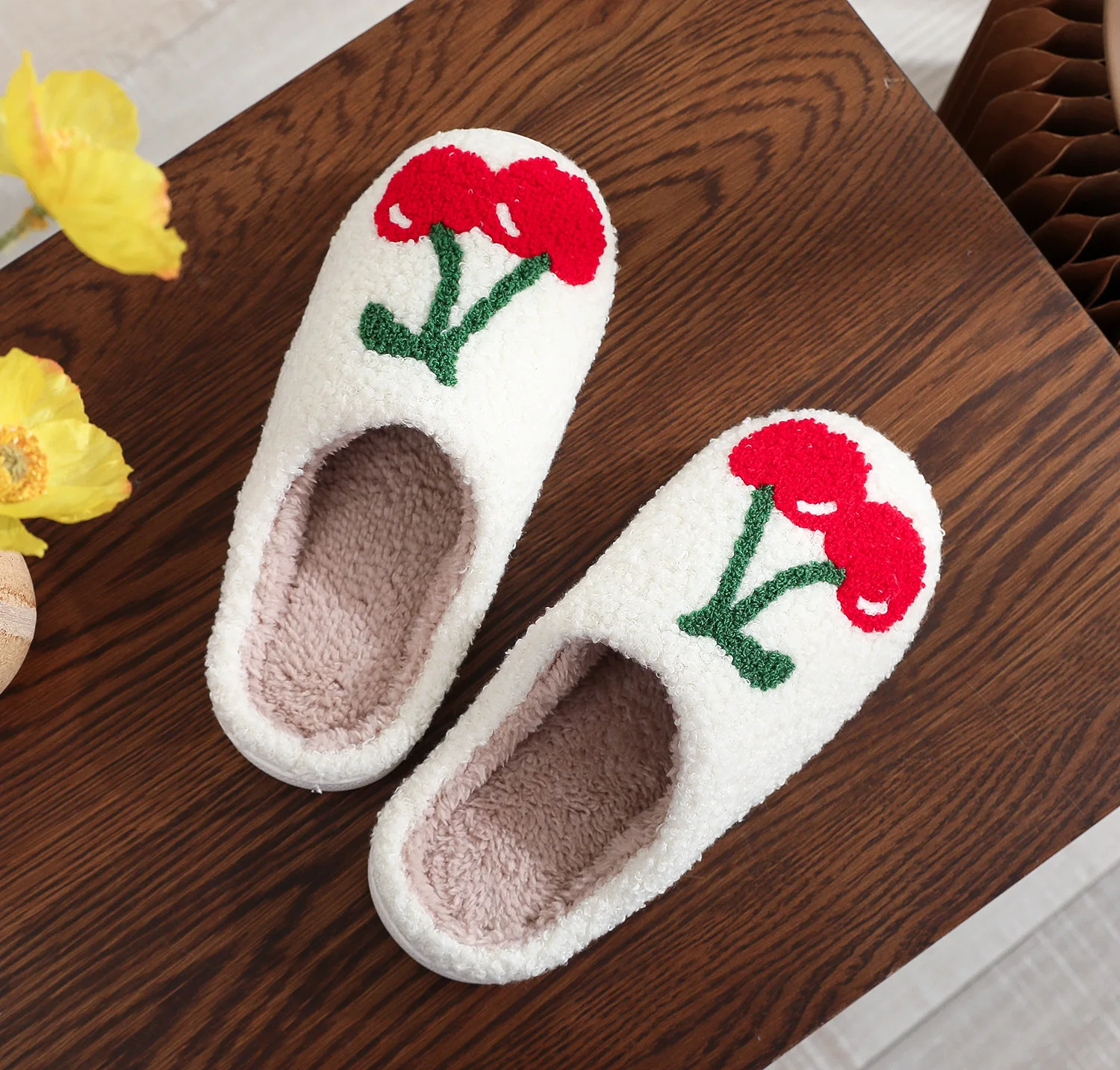 Trendy Chancletas Cherry Lady Winter Soft Fleece Flat Plush Fluffy Fur ...
