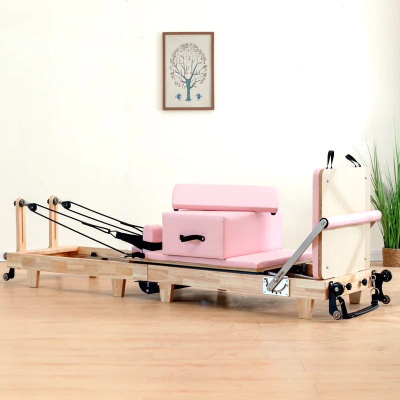 Foldable Pilates Reformer - Pink Solid Wood Fitness Equipment