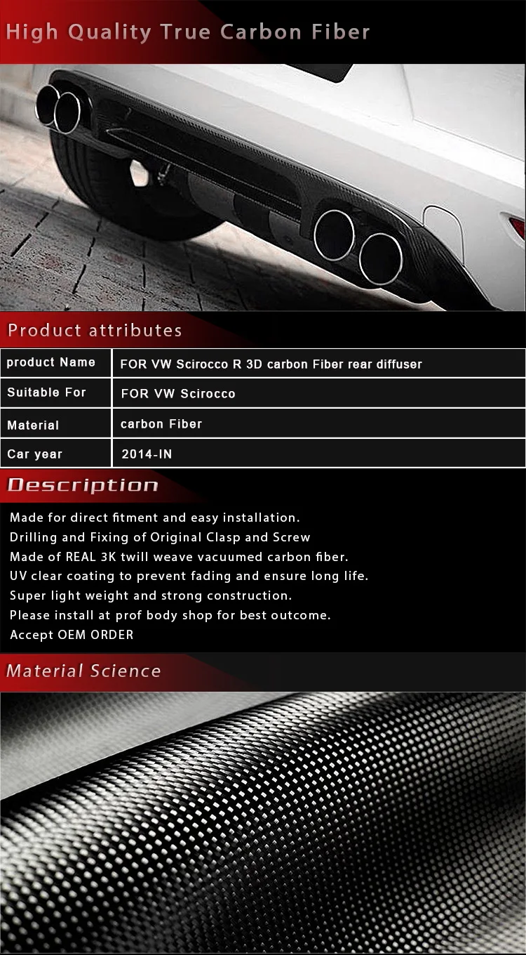 3d Style Rear Diffuser For Volkswagen Scirocco R 2014-on Carbon Fiber ...