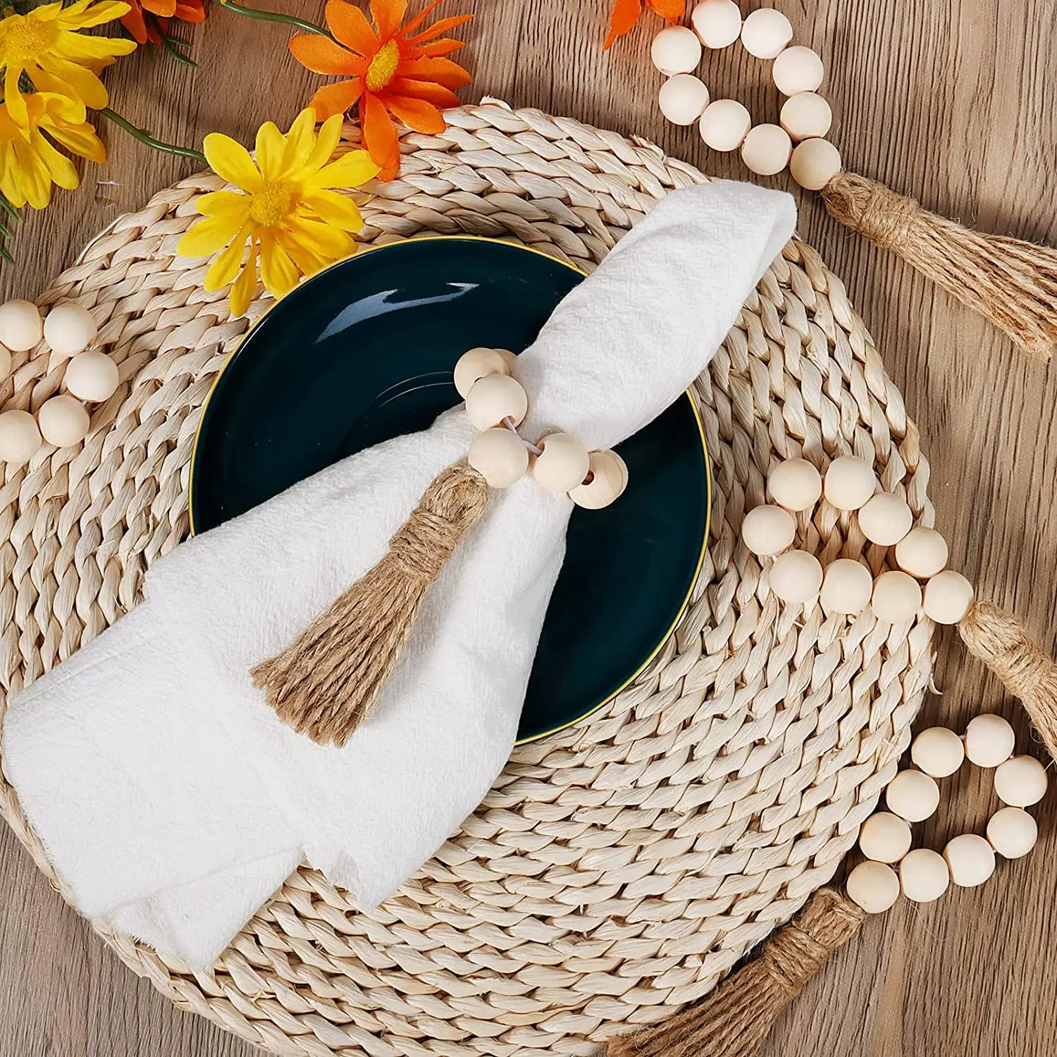Wood Bead Napkin Rings With Tassels,Rustic Farmhouse Wood Beads Garland ...