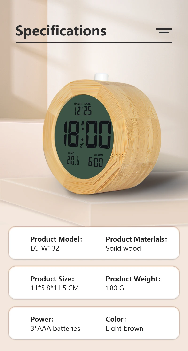EMAF Real Alarm Clock - Digital Desk with Bamboo Frame
