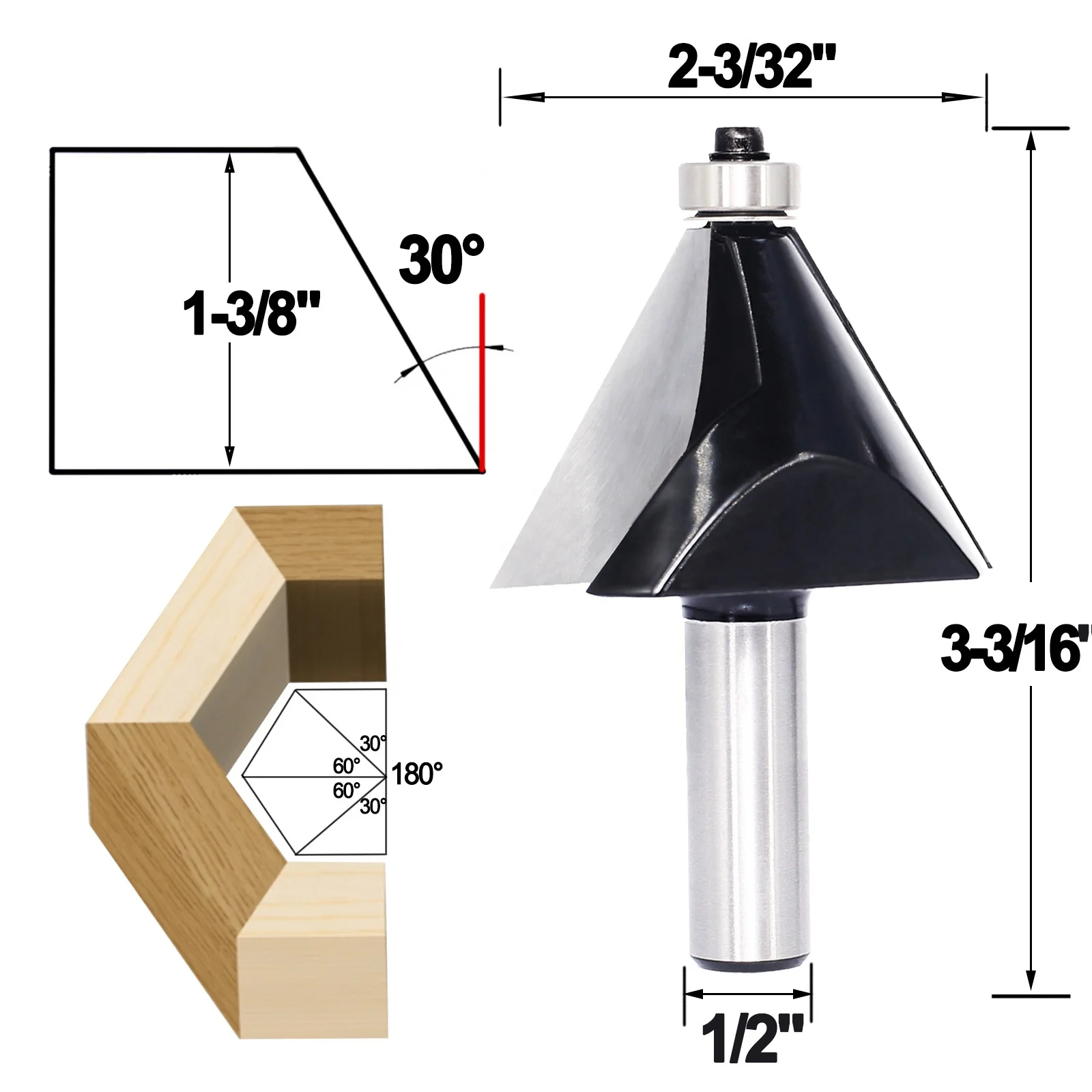 30° Bevel Chamfer Router Bits Eased Edge Cutter with Bearing for Wood ...