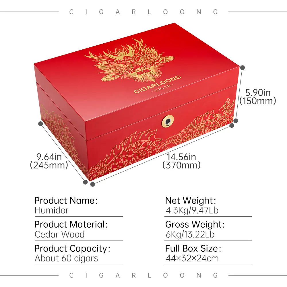 Wooden Cigar Box Cedar Wood Fingerprint Lock with LED Light Chinese Red ...