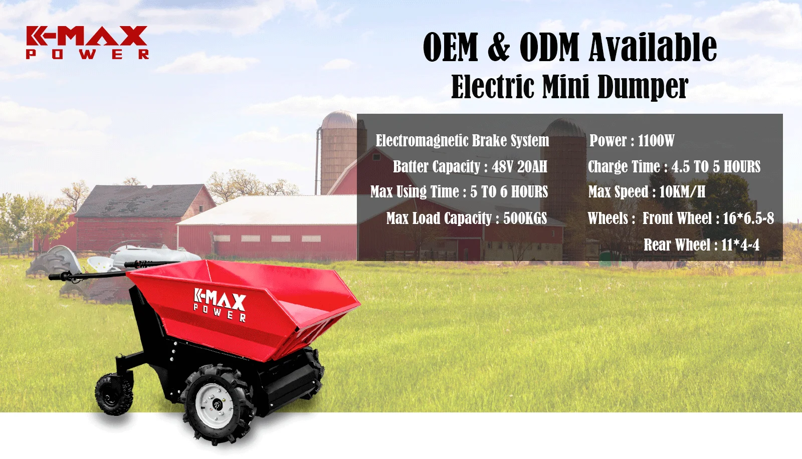 K-MAXPOWER Electric Wheelbarrow - 500KG Capacity & 1000W Motor