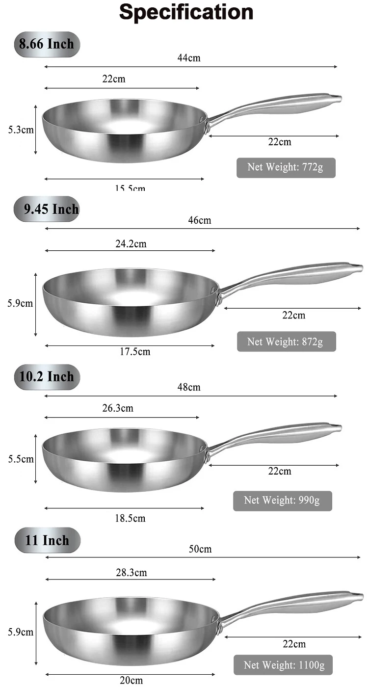 3-ply Stainless Steel Fry Pan Large Frying Pan 32 cm Non-stick Hotel ...
