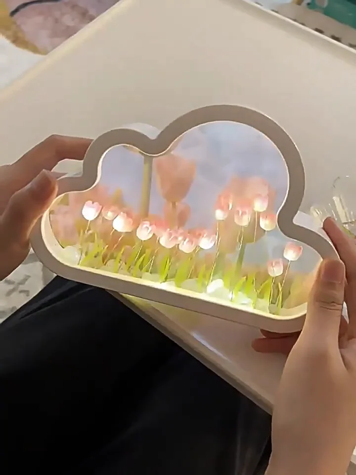 Diy Cloud Mirror Tulip Flowers Led Table Night Lamp Mirror Pictures Shade Holiday Lighting ...