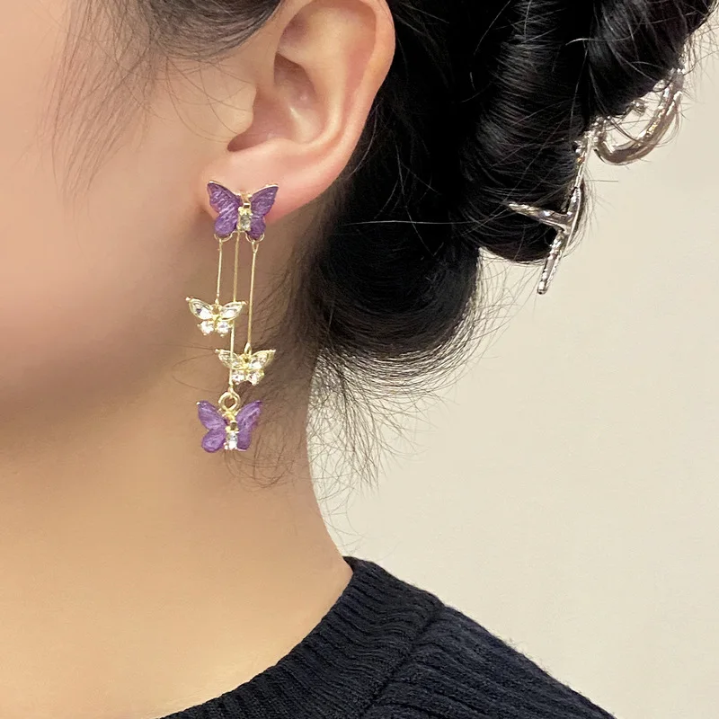Luxury 925 Silver Needle Butterfly Dangle Earrings Purple Crystal CZ Butterfly Tassel Earrings ...